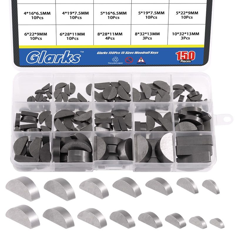 Glarks 150Pcs 15 Sizes Woodruff Keys Assortment Carbon Steel Woodruff ...
