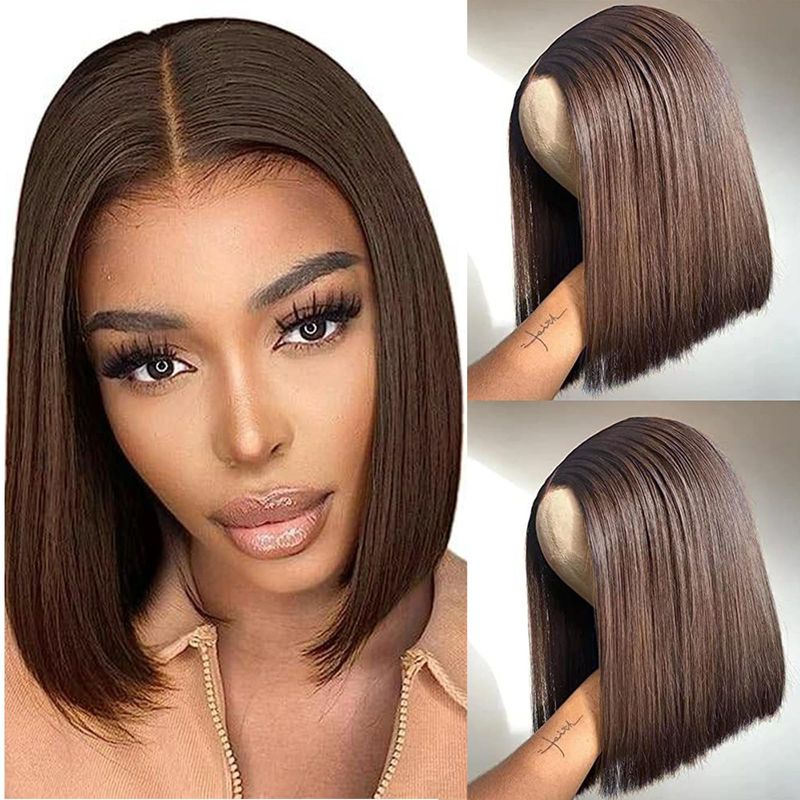 DÉBUT Medium Brown T Part Short Bob Wigs Lace Front Human Hair Wigs for ...