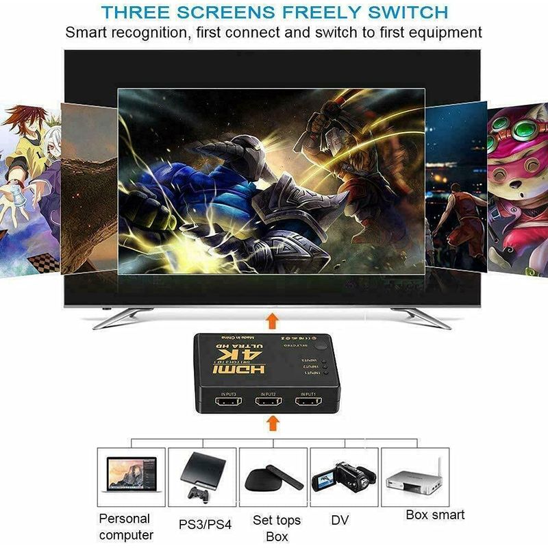 Multibao 3 input to 1 output HDMI switcher, 4K Ultra HD 1080P 3 Port ...