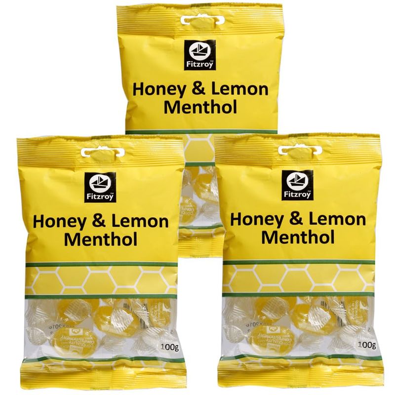 Fitzroy Honey & Lemon Menthol Hard Boiled Sweets 3 x 100g | Sore Throat Lozenges, Cough Drops ...