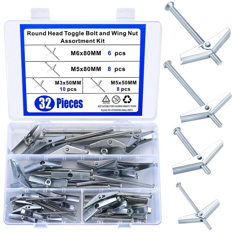 32 Pcs Wing Spring Toggle Plasterboard Fixings Screws, M3 M5 M6 Drywall ...
