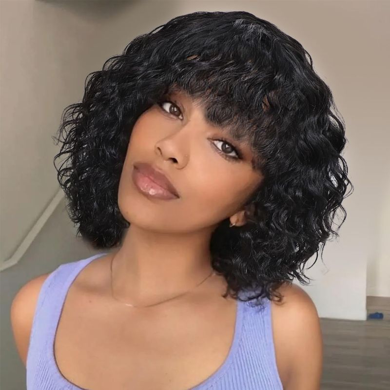 HUA Curly Bob Wig With Bangs Human Hair Glueless Wear And Go 12 Inch ...