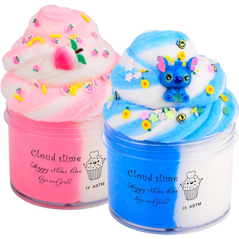 2 Pack Cloud Slime Kit with Blue Cake and Pink Peachy Babies Charms, Scented DIY Slime Supplies ...