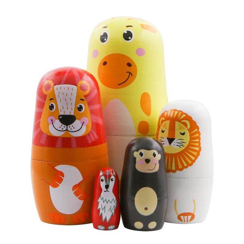 Set of 5 Wooden Animal Nesting Doll,Cartoon Giraffe Bear Lion Monkey ...