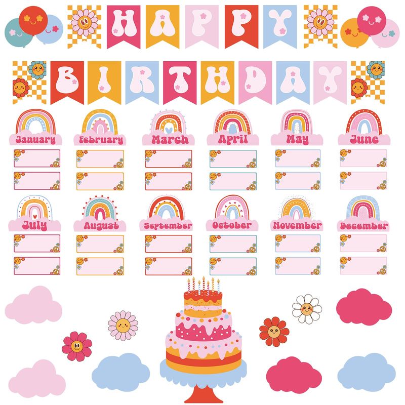 Nezyo Happy Birthday Classroom Bulletin Board Set, 80 Pcs, Groovy Retro ...