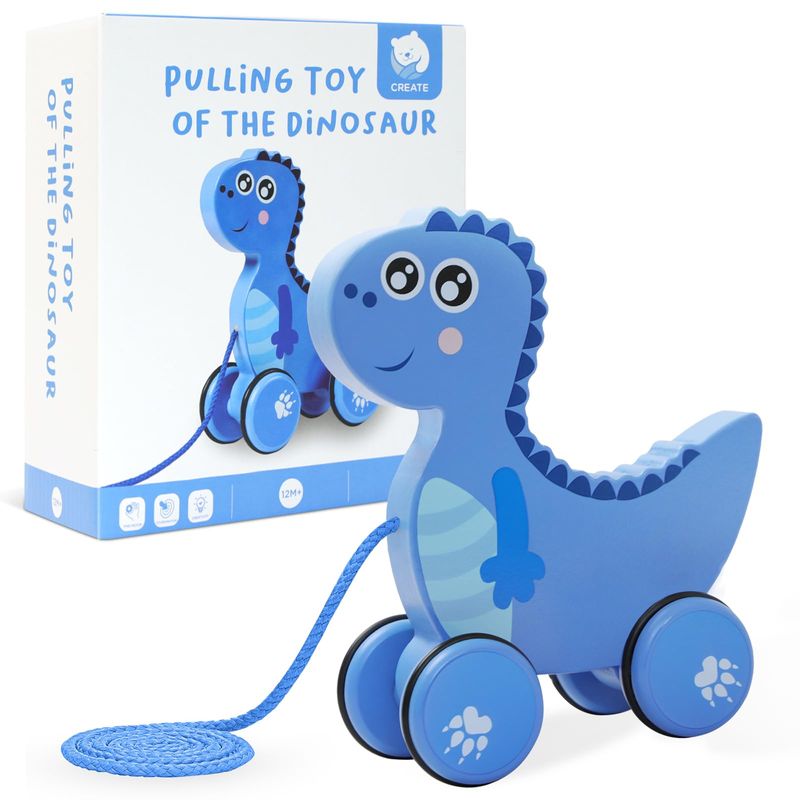 HOTUT Push and Pull Along Wooden Toy, Wooden Pull Along Dinosaur Toys ...