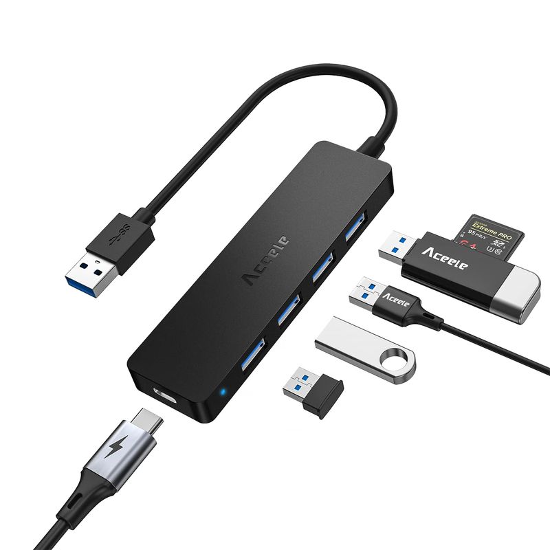 Aceele USB 3.0 Hub mit 5 Ports, USB-Daten-Hub mit 4 Ports und USB-Typ-C, ultradünn, kompatibel ...
