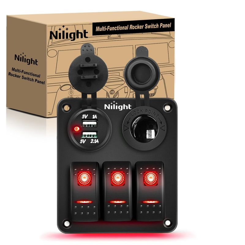 Nilight 3 Gang Rocker Switch Panel with USB Charger and Cigar Lighter ...