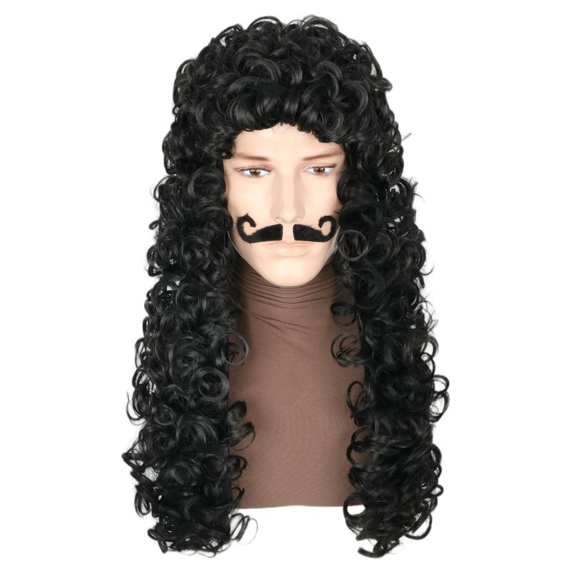 Lucoacos Pirate Captain Wig Black Long Curly Pirate Wig and Moustache ...