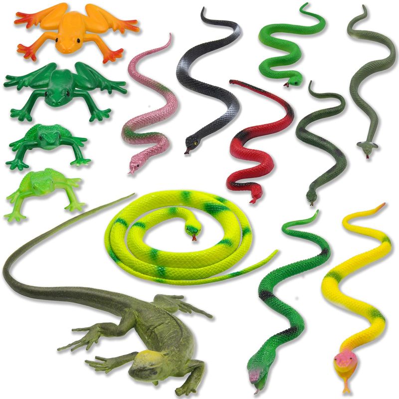 Pinowu 14pcs Realistic Rubber Forest Snake Animals, 1 Lizard + 4 Frog ...