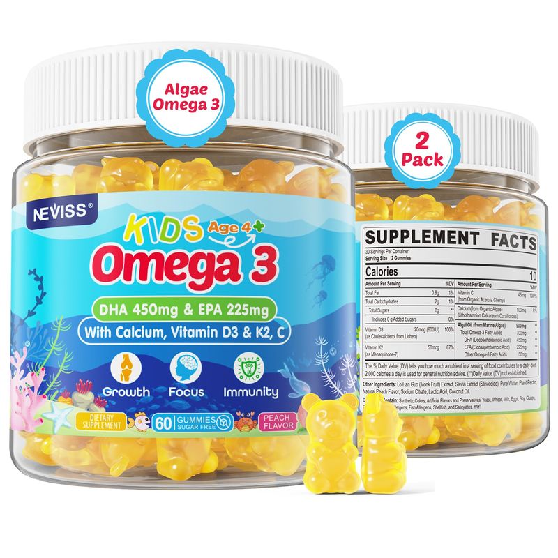 Kids Omega 3 Gummies with Calcium, Vitamin D3 & K2, C, Omega-3 DHA ...