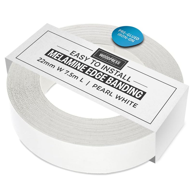 WoodPress® 22mm Pearlised White Melamine Edging, Pre-Glued Veneer Tape ...
