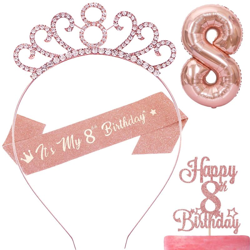 8th Birthday Sash and Tiara Rhinestone Crown for 8th Birthday Decorations Gift ( Rose Gold ...