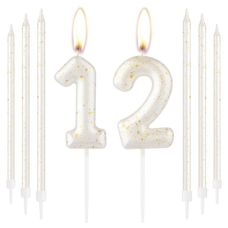 White Gold Happy 12th Birthday Candle, Gold Number 12 Candles for ...