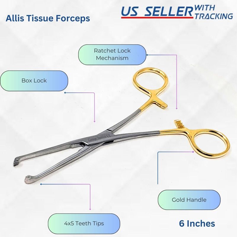 Allis Tissue Forceps 6" 4X5 Teeth Stainless Surgical Instruments - Gold Handle - EveryMarket