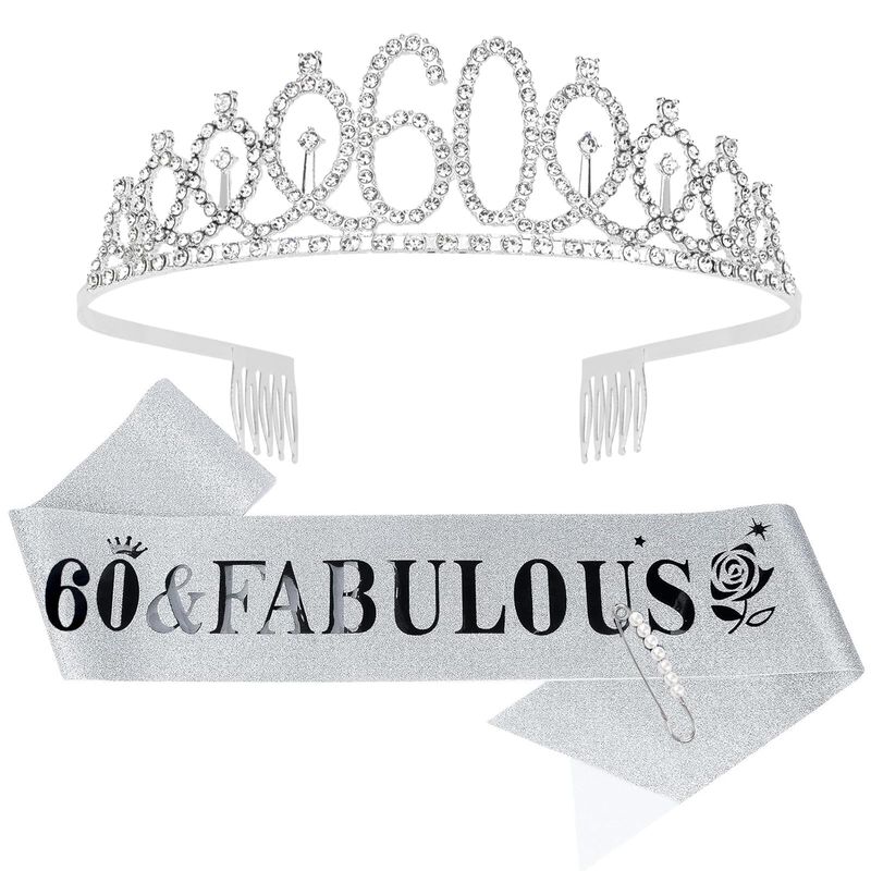 Casoty 60th Birthday Sash and Tiara for Women, 60th Birthday Decorations Women, Silver 60th ...