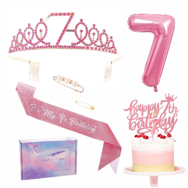 Pink 7th Birthday Decorations - Girl's 7th Birthday Sash Tiara Set ...