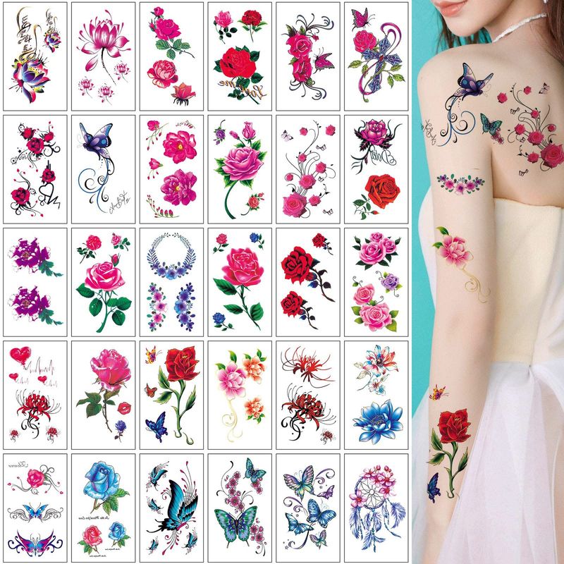 30 Sheets Rose Temporary Tattoos for Women Girls 3D Butterfly Flower Sexy Fake Tattoo Stickers ...