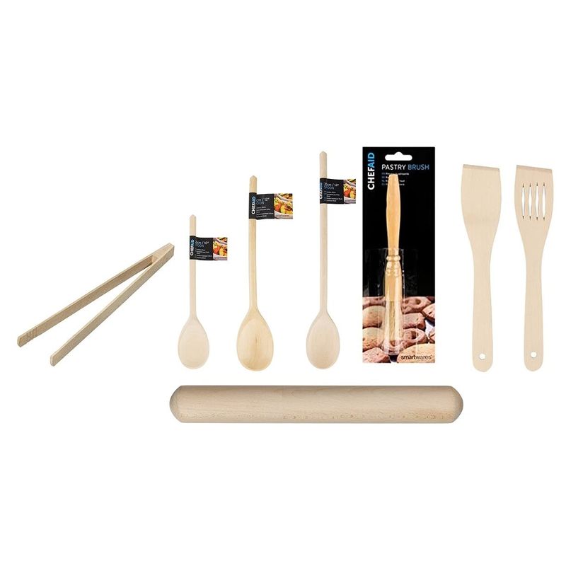 Chef Aid 8 Piece Everyday Wooden Utensil Pack with Spoons, Rolling Pin ...