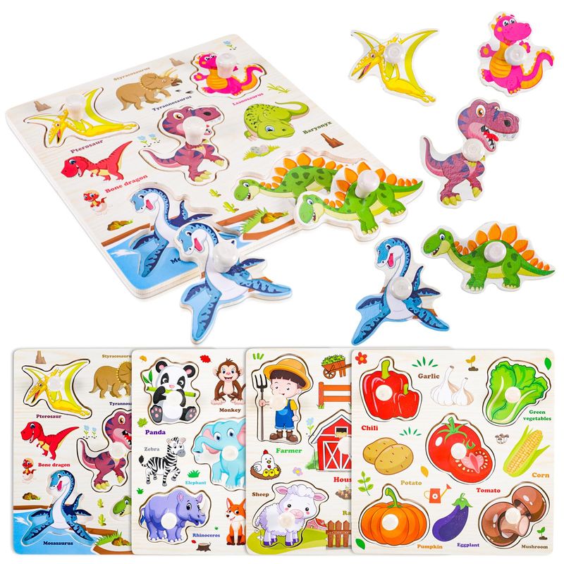 QESSUVNC Toddler Puzzles,Wooden Peg Puzzles,4pcs Different Wooden ...