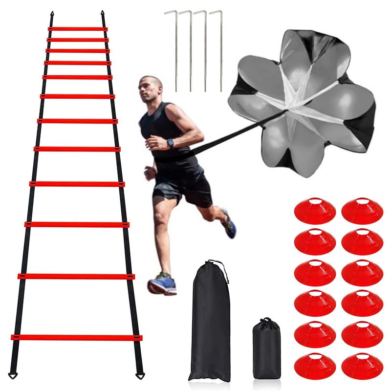 Pro Speed & Agility Training Set—Includes 12 Rung 20ft Adjustable Agility Ladder with Carrying ...