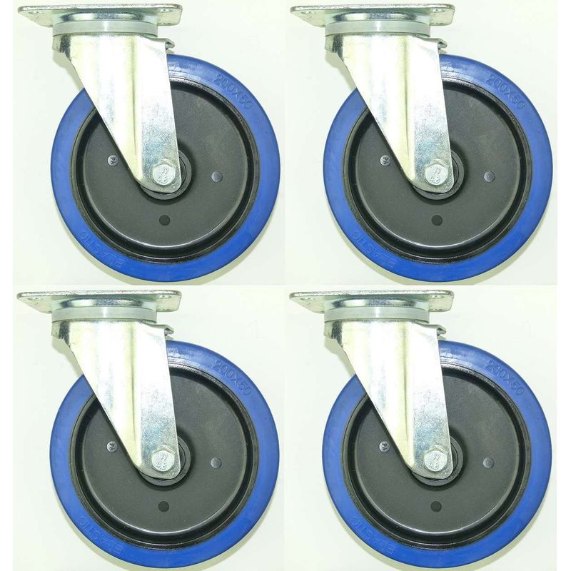 4 x 200 mm Blue Wheels Castors without Brake, Transport Castors Elastic ...