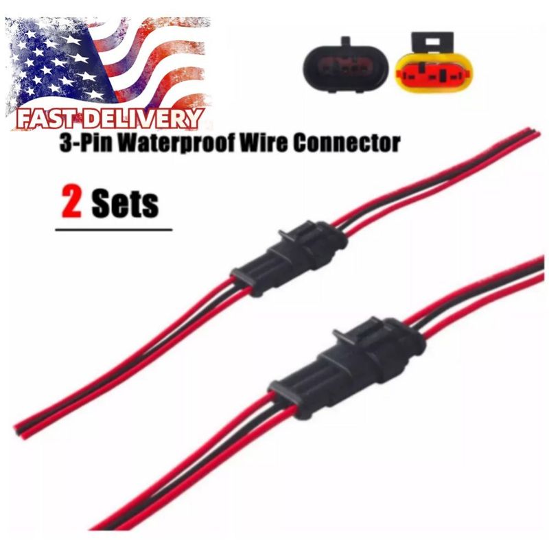 2 Set 18AWG Waterproof 3 Way 3 Pin Plug Electrical Wire Connectors for ...