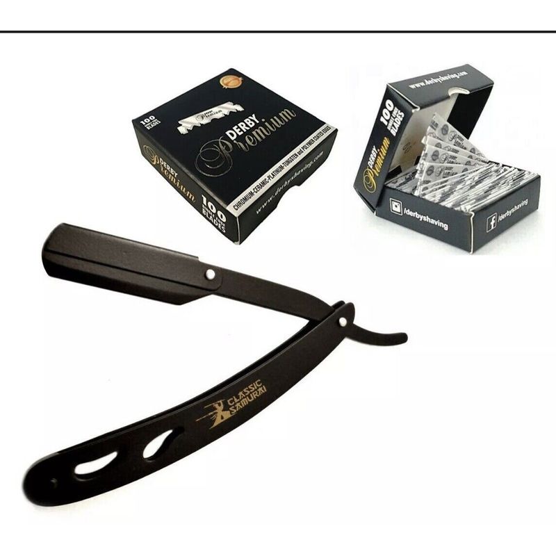 100 BLADES+CLASSIC BARBER STRAIGHT RAZOR CUT THROAT SHAVING SALON BLACK ...