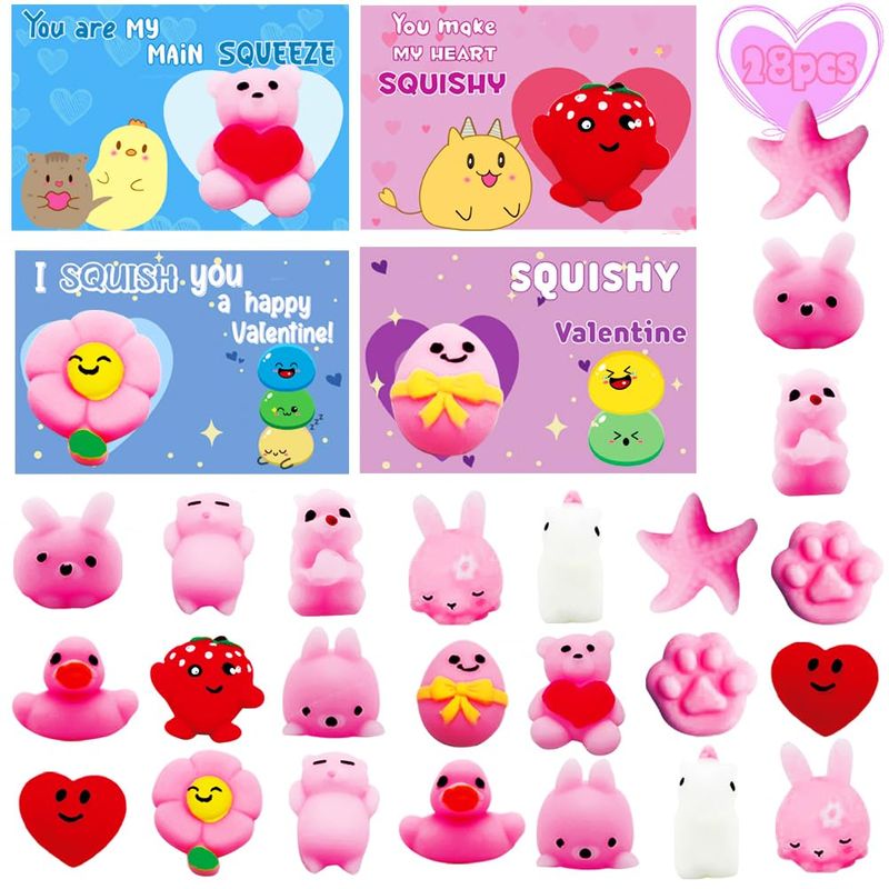 28 Packs Kawaii Mochi Squishy Toys with Valentines Gift Cards ...
