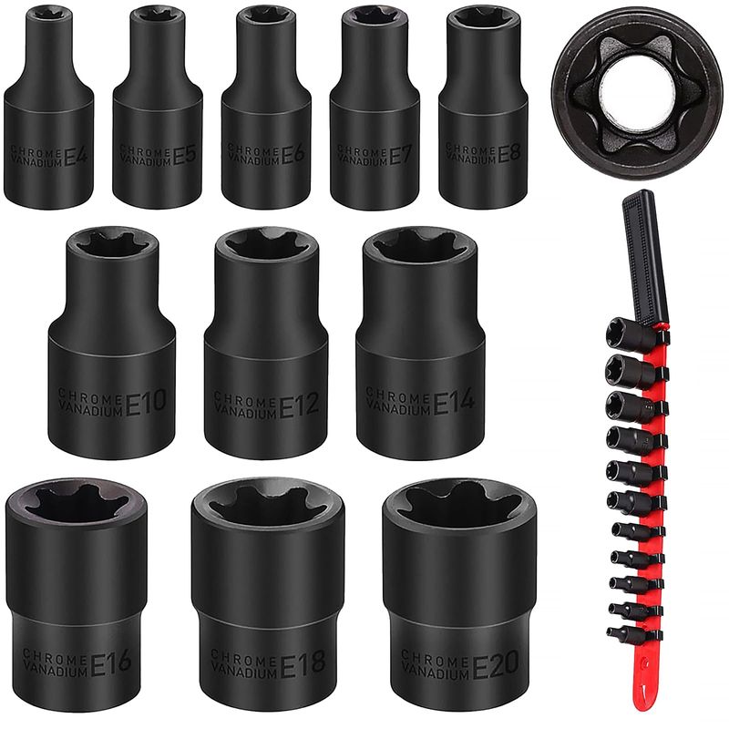 SEDY 11-Piece E-Torx Socket Set - Star Socket Set with Socket Rail ...