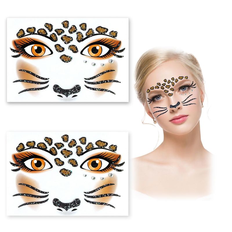 2 Sheets Waterproof Leopard Face Stickers - Glitter Temporary Tattoos ...