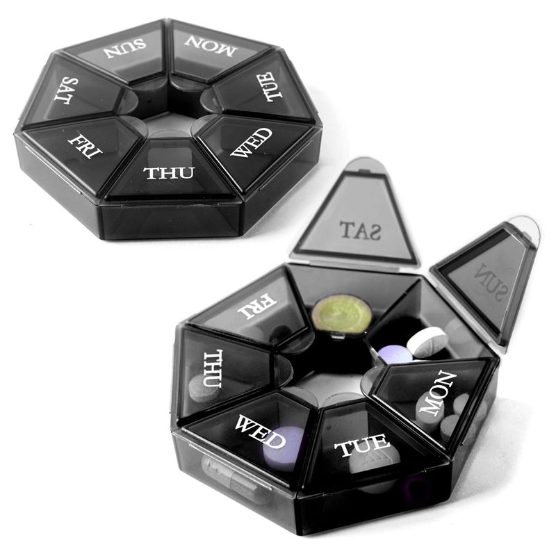 Deke Home - Small Weekly Pill Organizer (2 Pack), Round Pill Dispenser ...