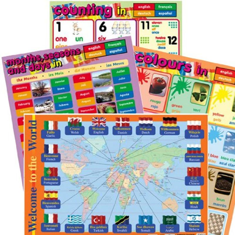 Learn French, German, Spanish 4 Poster Set - Colours, Calendar ...