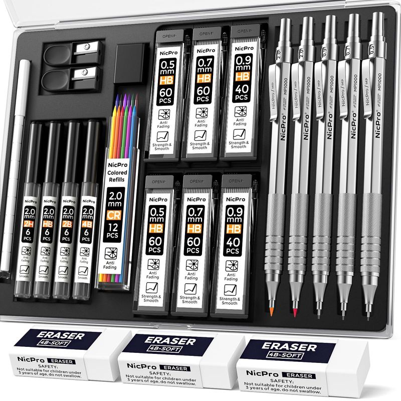 Nicpro 22PCS Metal Mechanical Pencil Set in Case, Art Drafting Pencil 0 ...