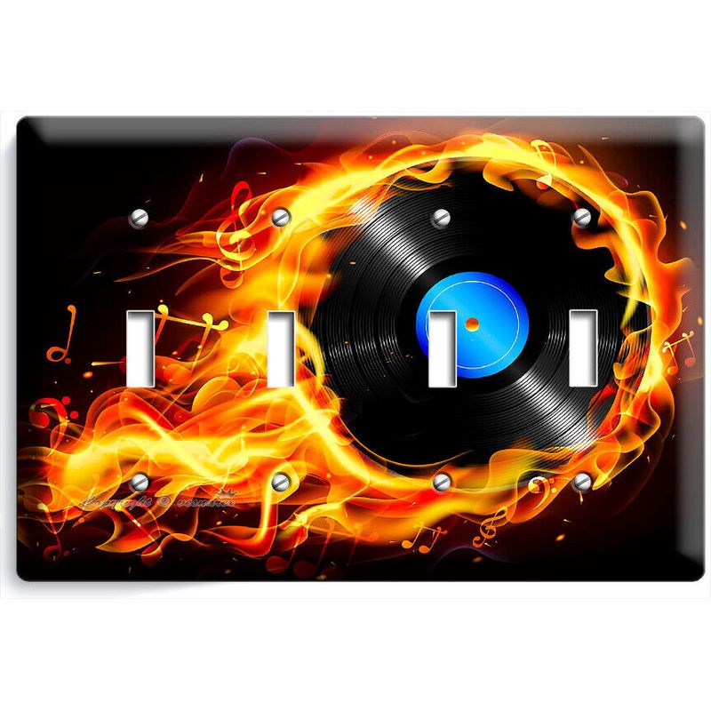 VINYL RECORD FIRE FLAMES 4 GANG LIGHT SWITCH WALL PLATES MUSIC STUDIO ...
