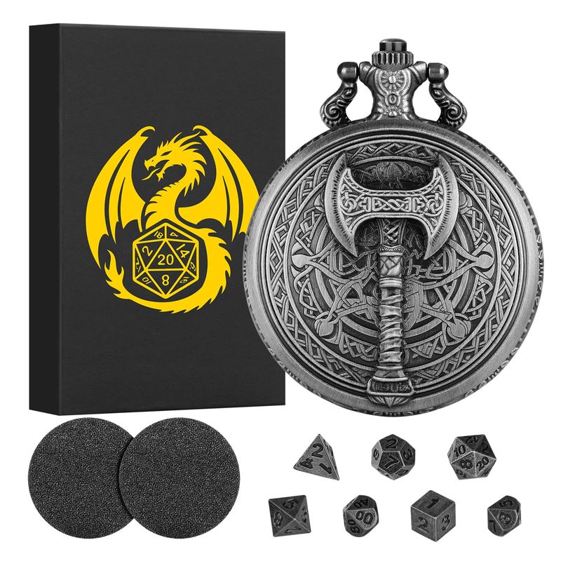 Mini DND Dice Set With Steampunk Barbarian Axe Pocket Watch Shell Case ...