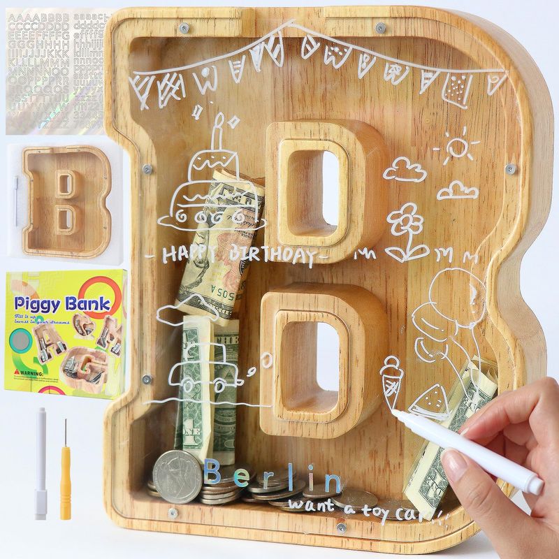 Mikytoper Letter Money Box for Kids Large Wooden Personalized A-Z Piggy ...