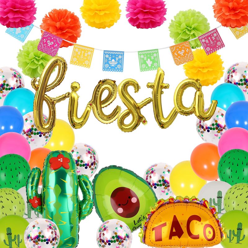 40 Pcs Fiesta Letter Banner Balloons Jumbo Mexico Taco Llama Cactus ...
