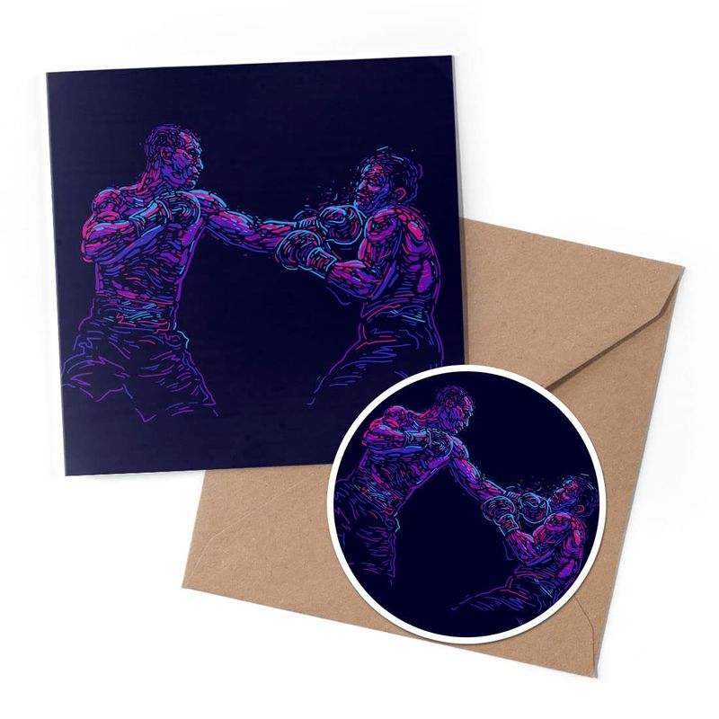 1 x Greeting Card & 10 cm Round Sticker Set - Boxing Match Boxer ...