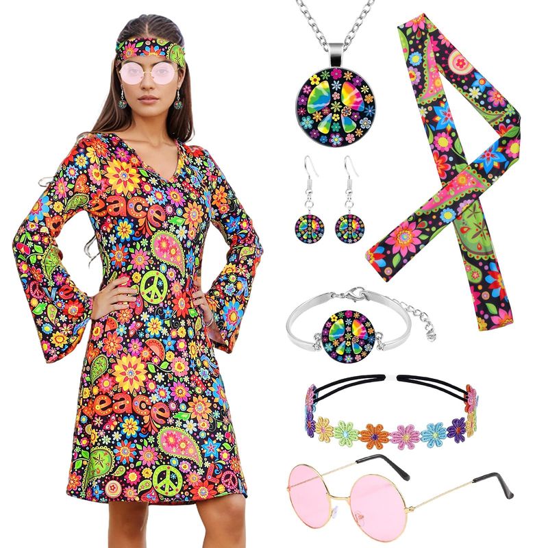 70s Hippie Costume Set Women, 60s 70s Fancy Dress With Hippie Accessories, Hippie Dress Costumes ...