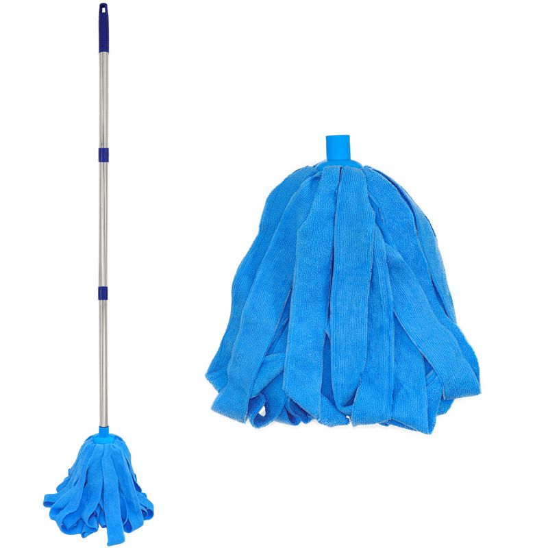 Mop, One Stainless Steel Pole + Two Blue Microfiber Cloth Mop Heads (1 ...