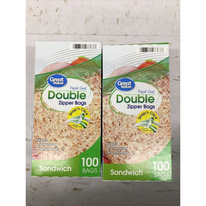 (2) Great Value Double Zipper Portion Pack Snack Bags, 100 Ct USA MADE ...