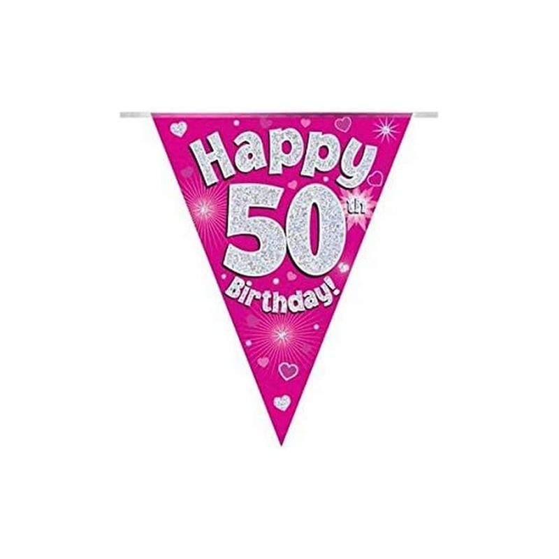 Party Bunting Happy 50th Birthday Pink Holographic 11 flags 3.9m ...