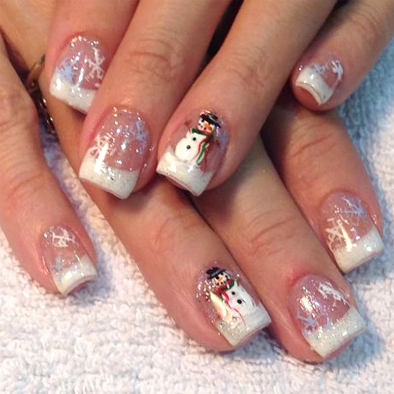 24Pcs Short French Tip Press on Nails Christmas Fake Nails with Snowmen ...
