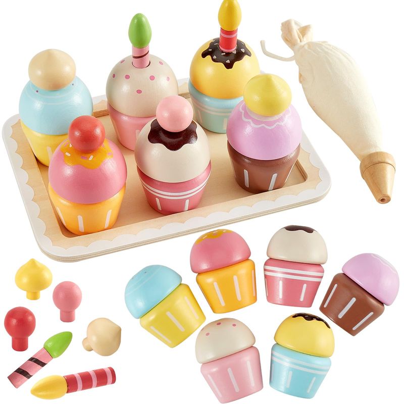 HERSITY Wooden Cupcakes Toys Pretend Play Food Desserts Kids Baking Set ...