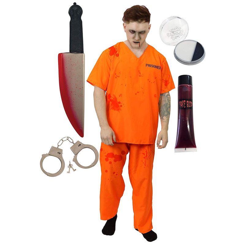 ZOMBIE CONVICT HALLOWEEN FANCY DRESS COSTUME SET. ORANGE PRISONER TOP ...