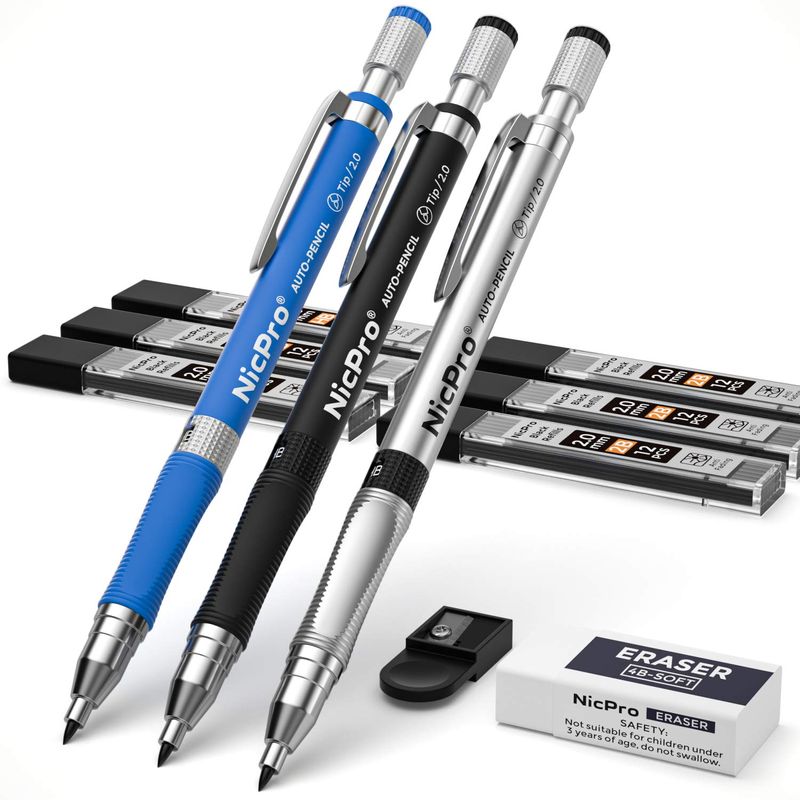 Nicpro 2mm Mechanical Pencil Set, 3 PCS Artist Propelling Drafting ...