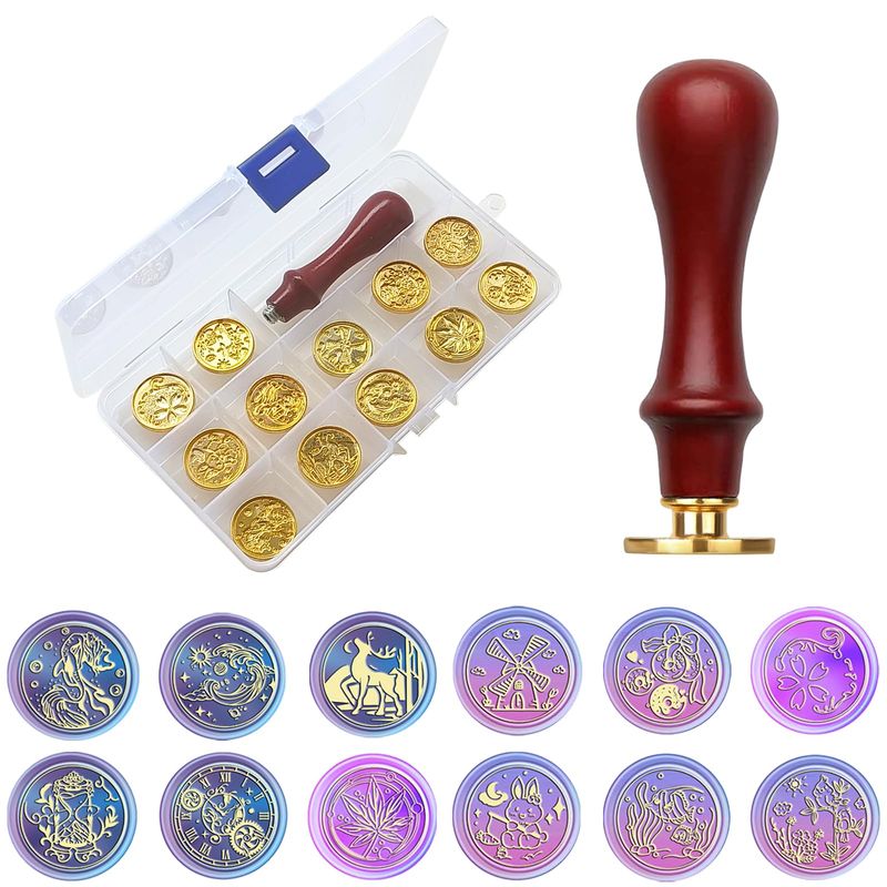 Wax Seal Stamp,12PCS Wax Stamps Kit with Removable Wooden Handle ...