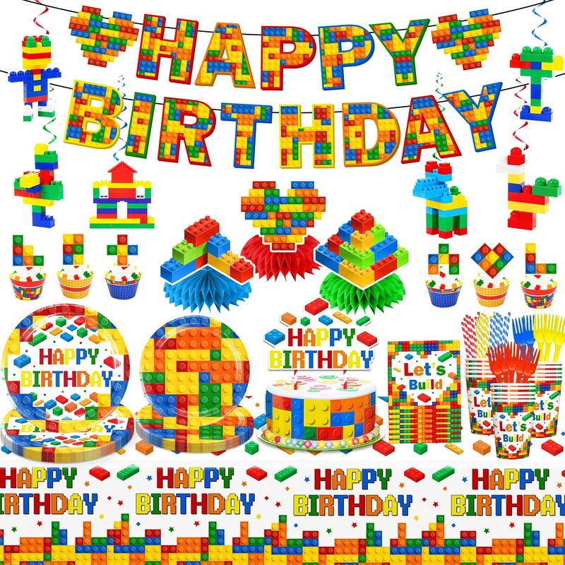 178pcs Building Block Party Supplies Banner Hanging Swirls Plates ...