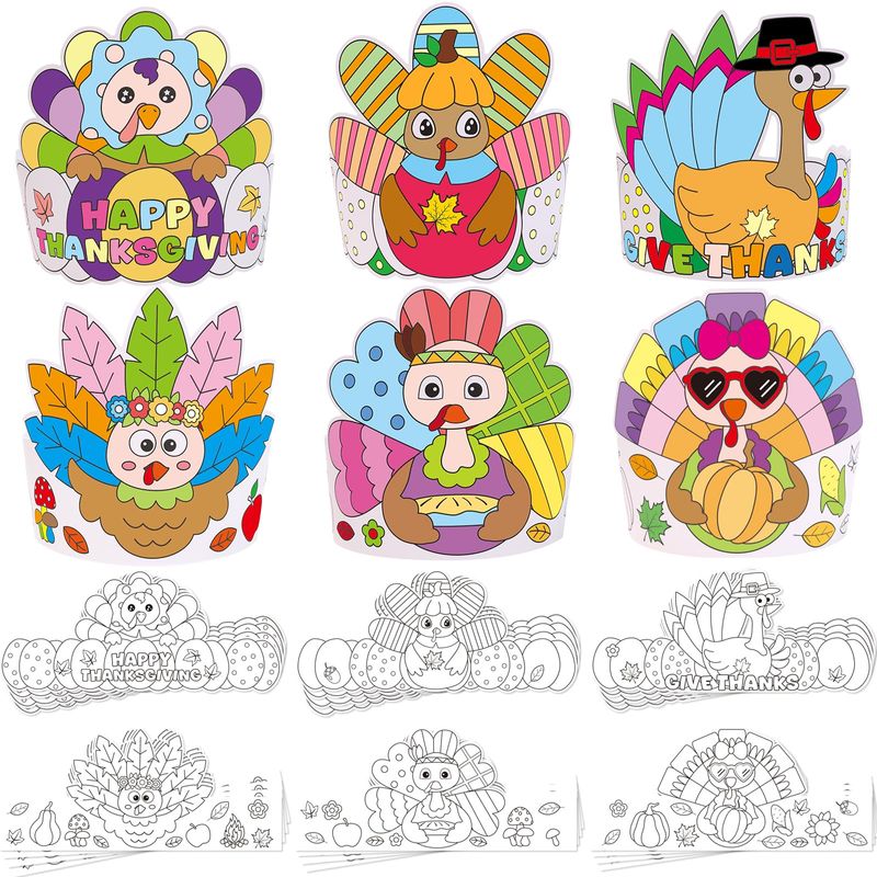 24 Pcs Thanksgiving Crafts for Kids Coloring Turkey Hats Crowns ...